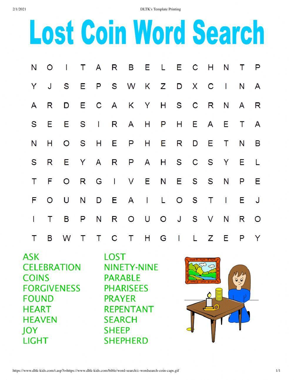 Lost Sheep- Coin Wordsearch worksheet | Live Worksheets