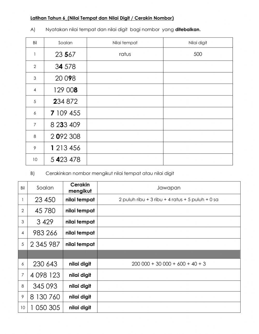 Latihan Tahun 6-Nilai Tempat - Nilai Digit - Cerakin Nombor online ...