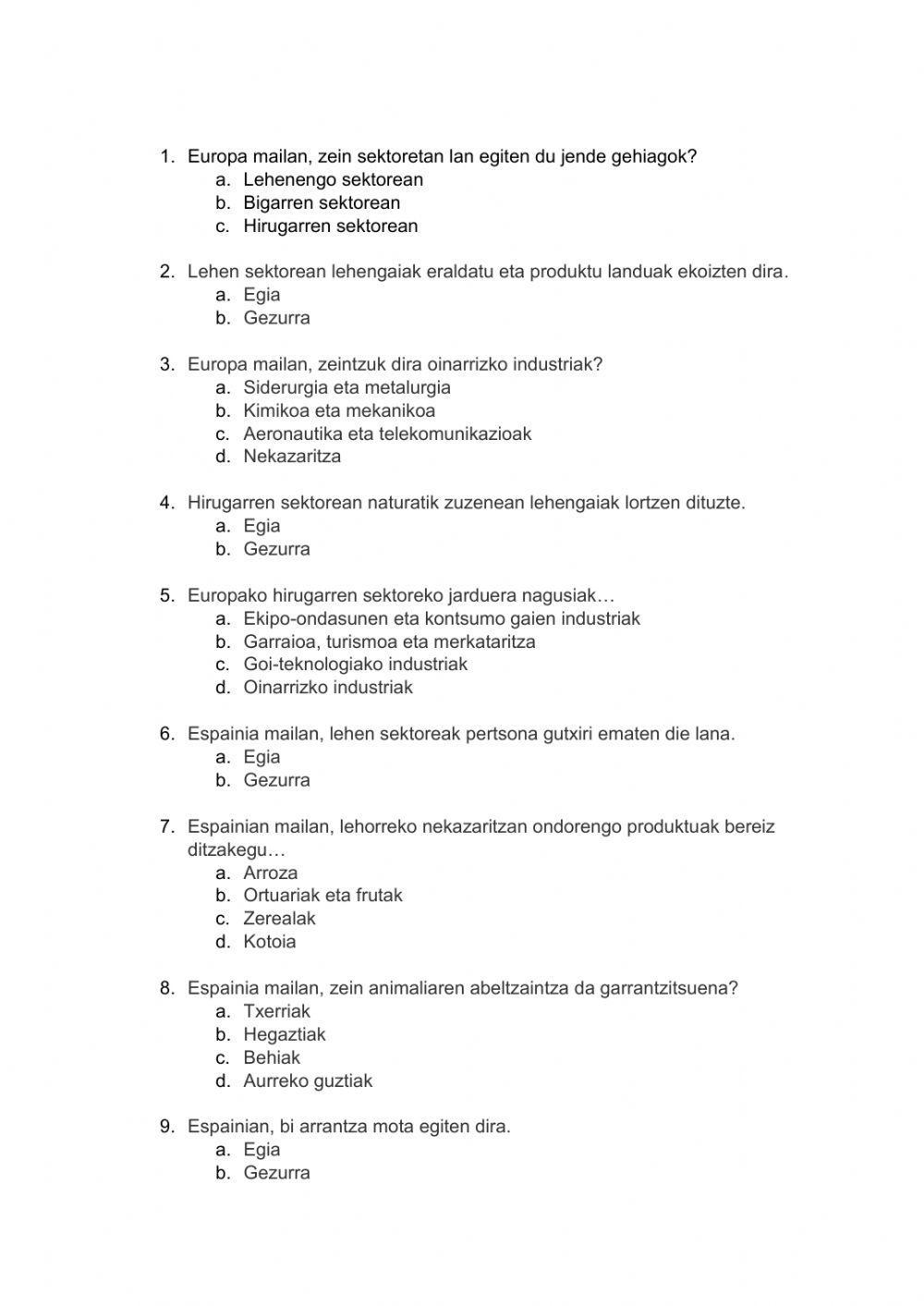 Lan sektoreak activity | Live Worksheets