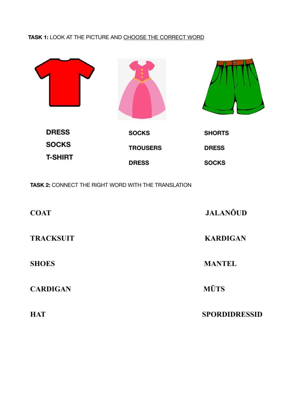 Clothing items exercise | Live Worksheets