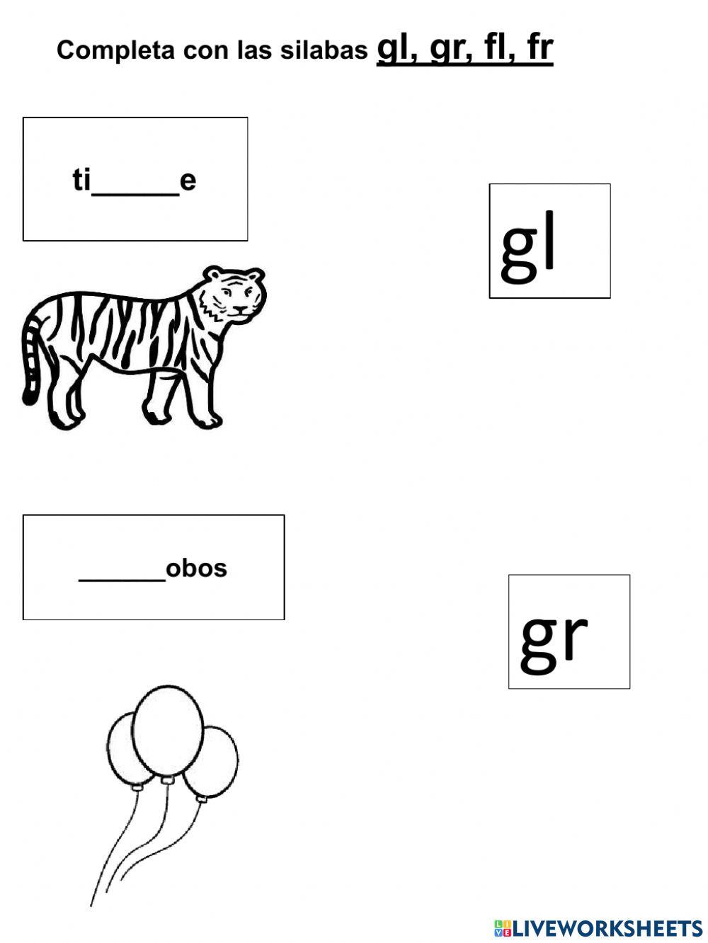 Palabras con gr gl fl fr worksheet | Live Worksheets