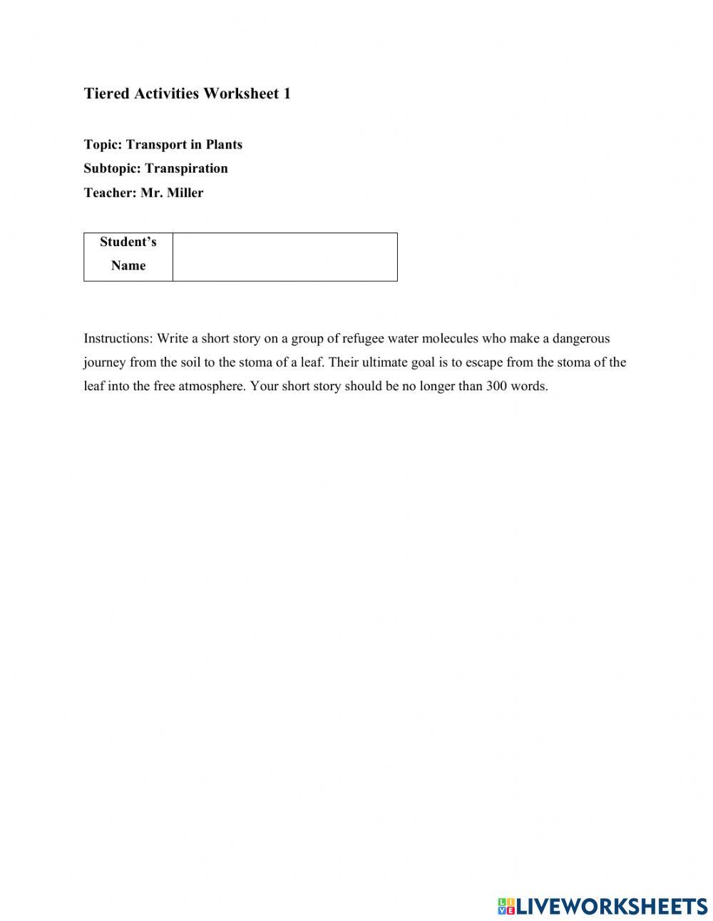 Transport in Plants - Transpiration - Worksheet 1 online exercise for ...