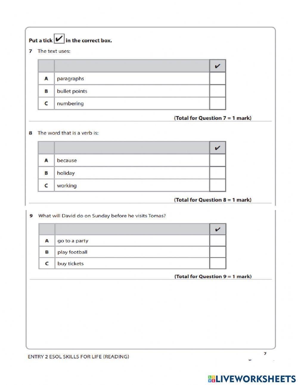 Entry Level 2 Reading Assessment-Part 1 online exercise for | Live ...