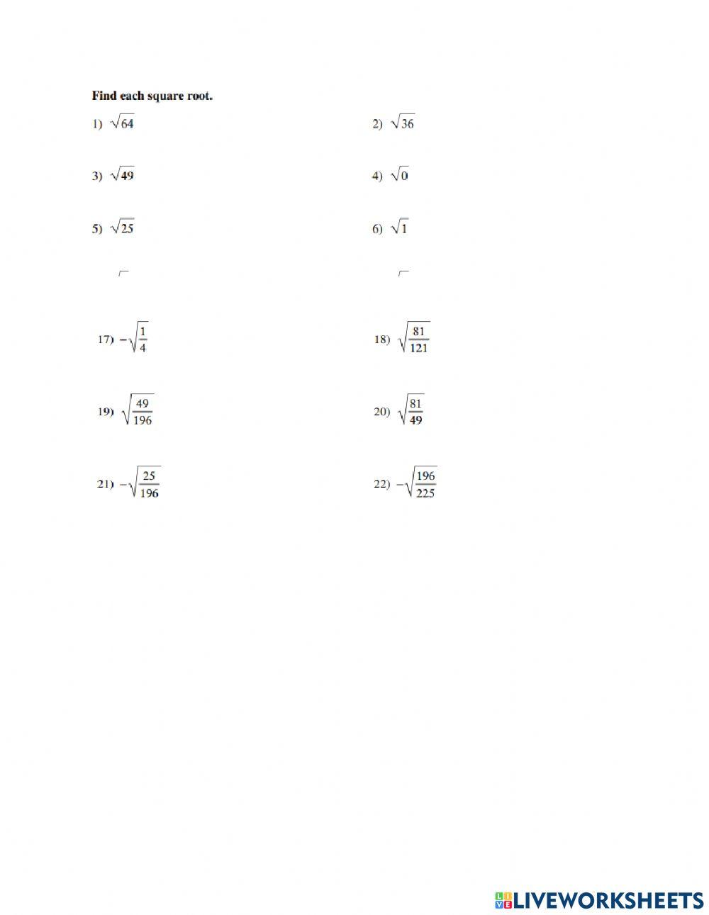 Square Roots | Live Worksheets