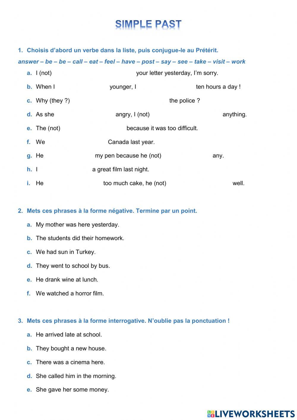 Simple past online exercise for Intermediate | Live Worksheets