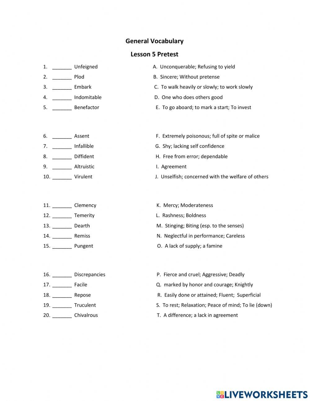 Gen. Vocab 5 Pretest worksheet | Live Worksheets