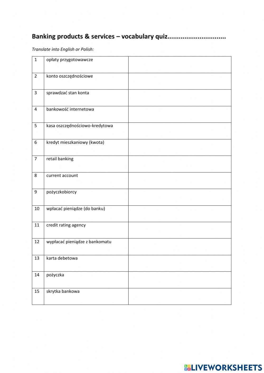 Banking products and services-QUIZ pages 20-25 online exercise for ...