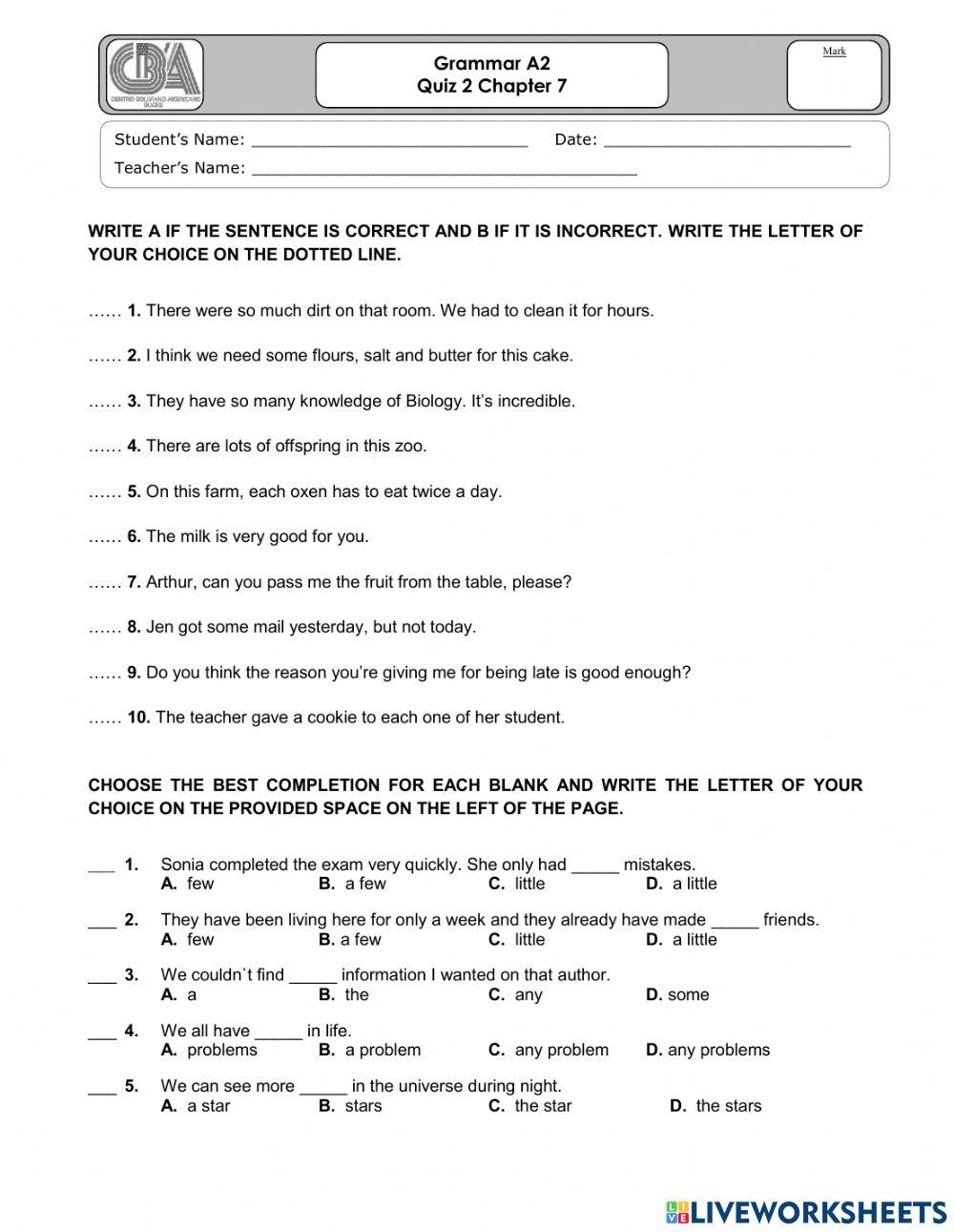 Grammar A2 | Free Interactive Worksheets | 713145