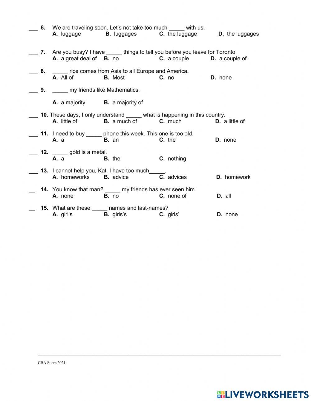 Grammar A2 | Free Interactive Worksheets | 713145