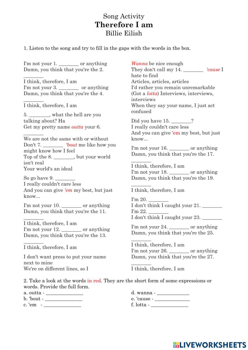 Therefore I am worksheet | Live Worksheets