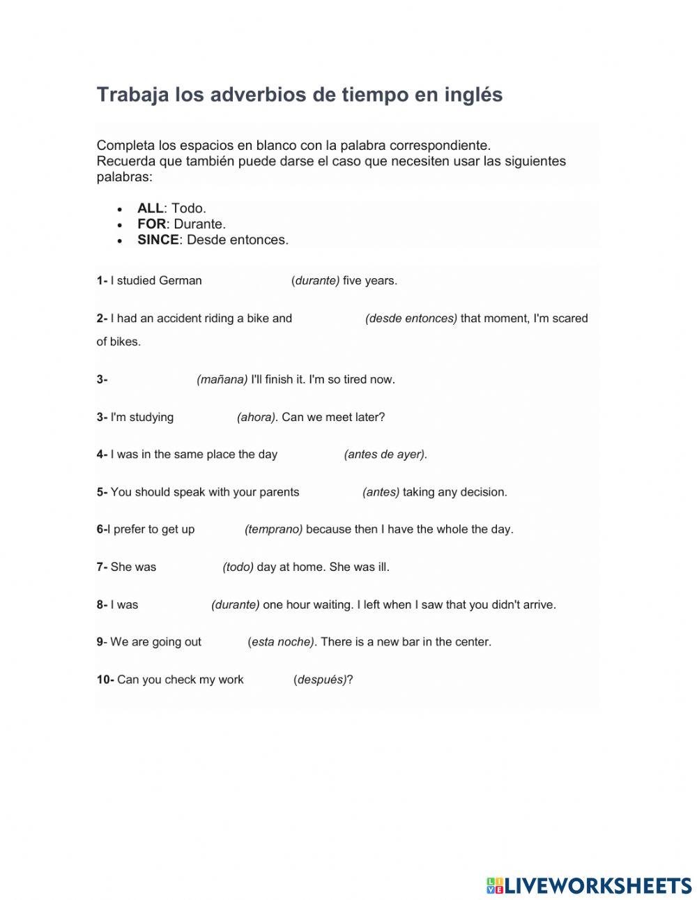Time Adverbs worksheet | Live Worksheets