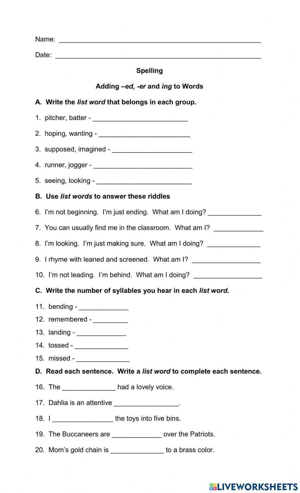 Adding ed, er &… | Free Interactive Worksheets | 713647