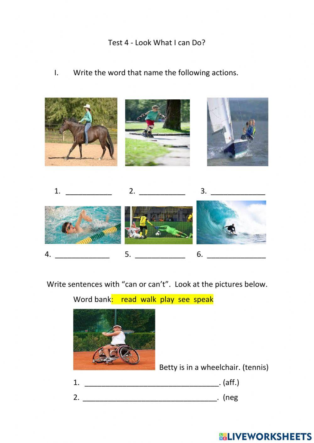 Test 1 - The use of -can - can't- worksheet | Live Worksheets