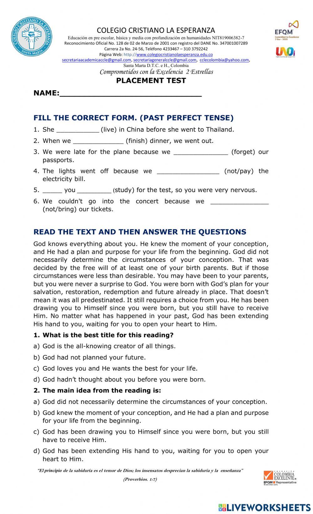 Placement Test … | Free Interactive Worksheets | 714966