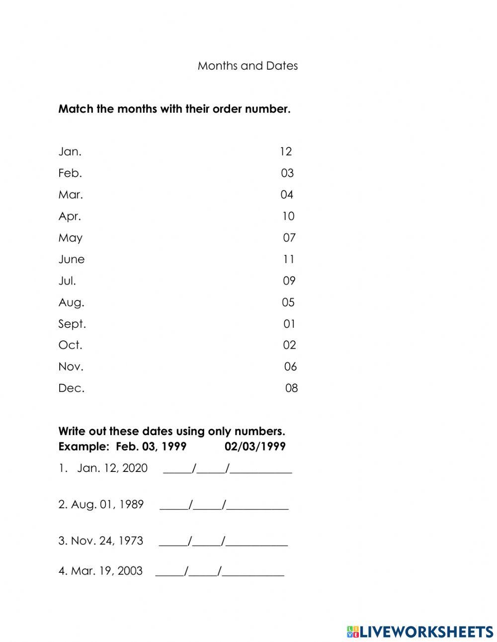 Months and Dates | Free Interactive Worksheets | 715032