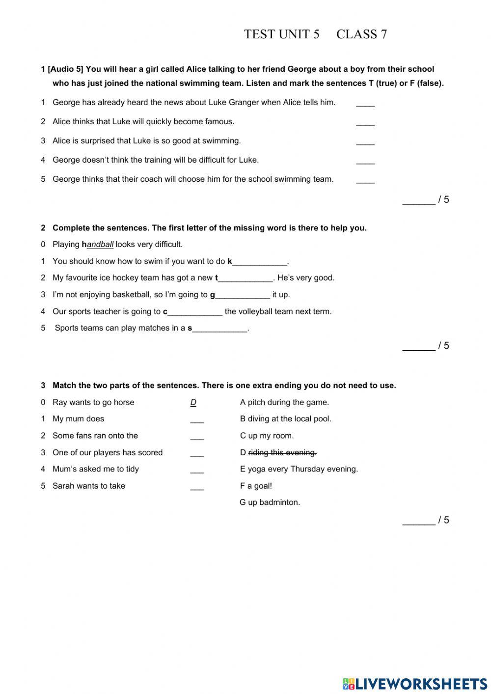 Test unit 5 class 7 worksheet | Live Worksheets