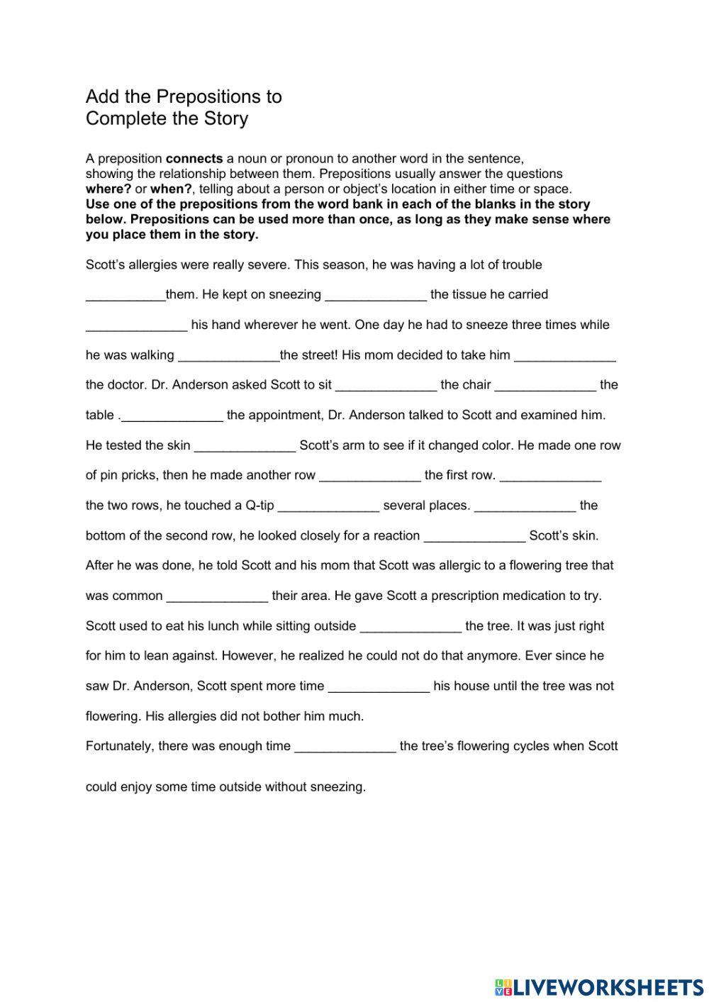 Prepositions online exercise for Grade 6 | Live Worksheets