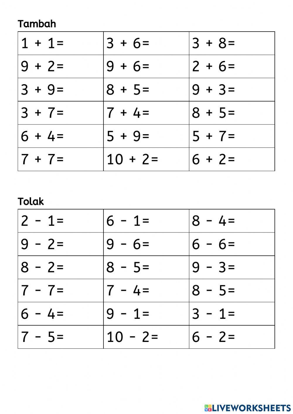 Tambah dan Tolak exercise | Live Worksheets