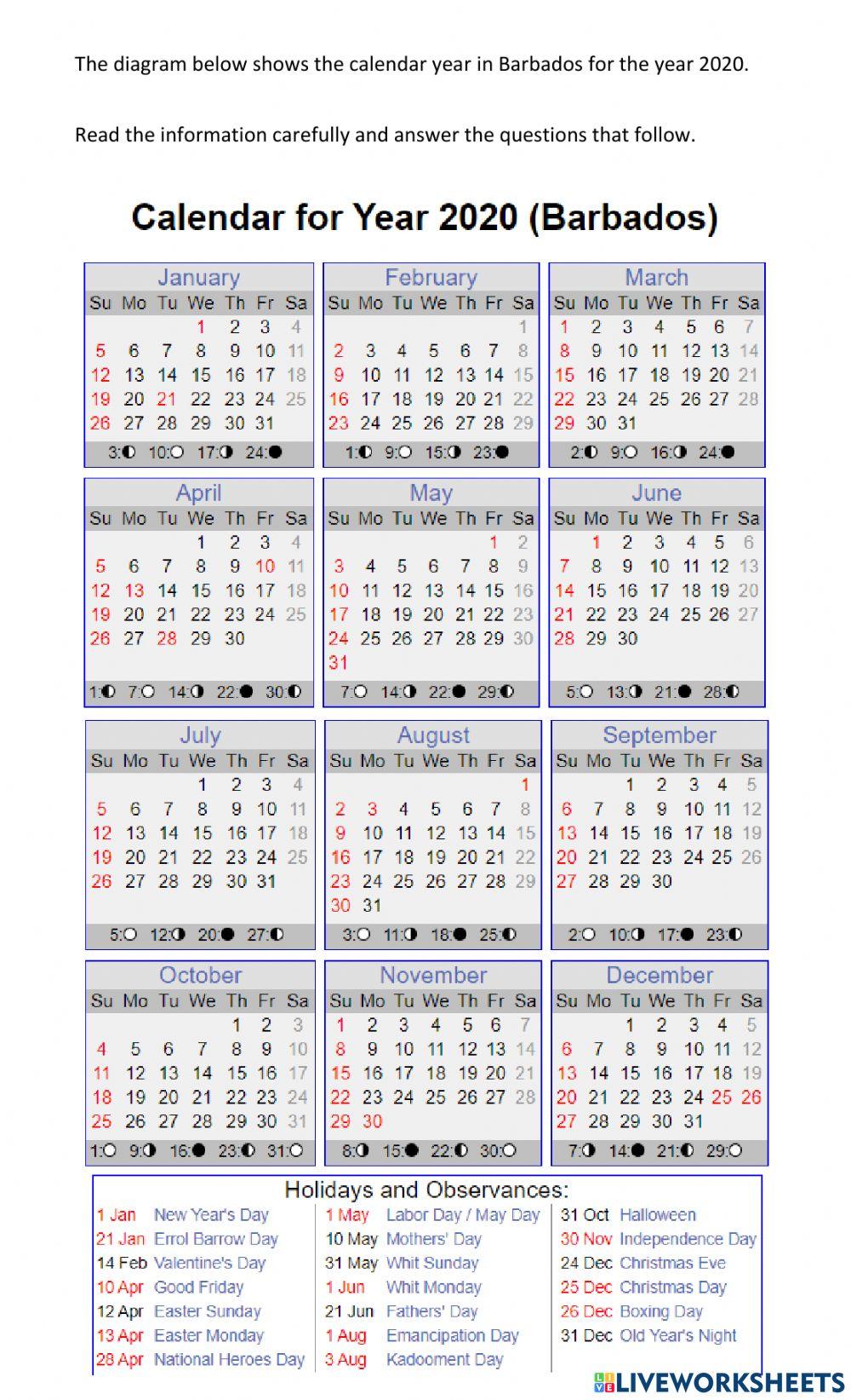 Reading the Calendar activity | Live Worksheets