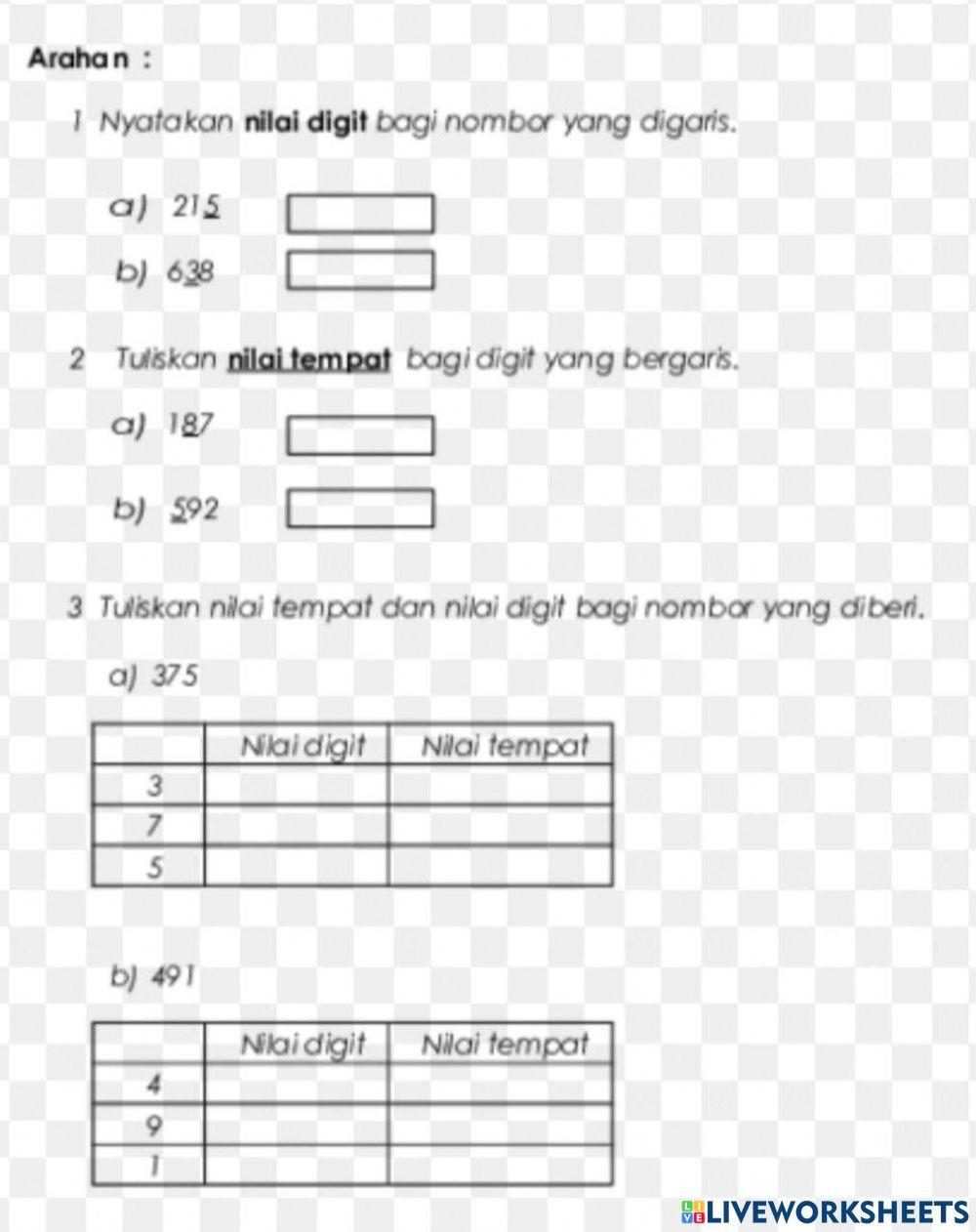nilai digit dan nilai tempat MATEMATIK TAHUN 2 worksheet | Live Worksheets