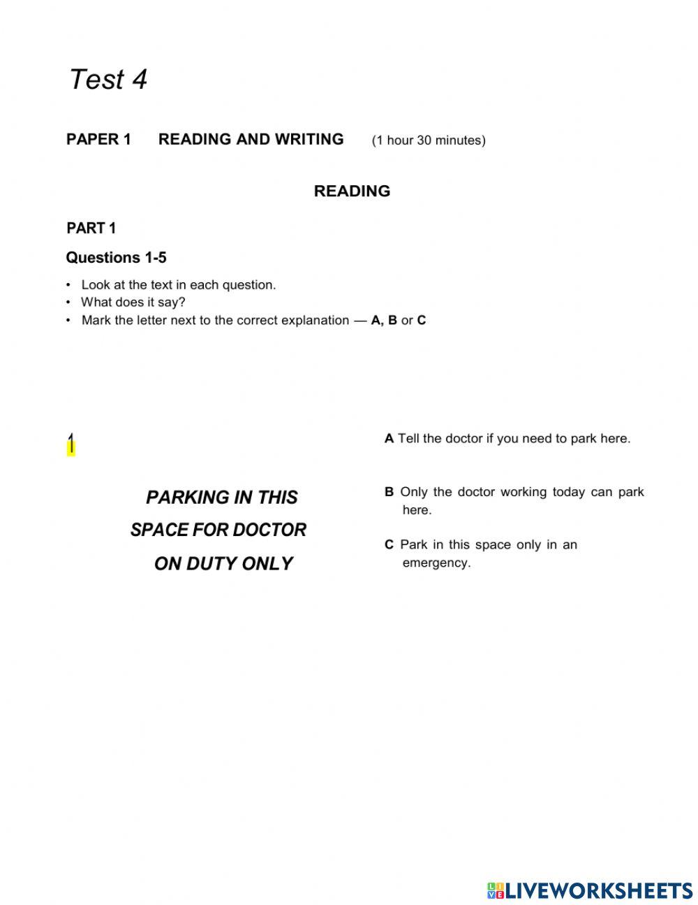 Reading B1 T 14 | Free Interactive Worksheets | 716974