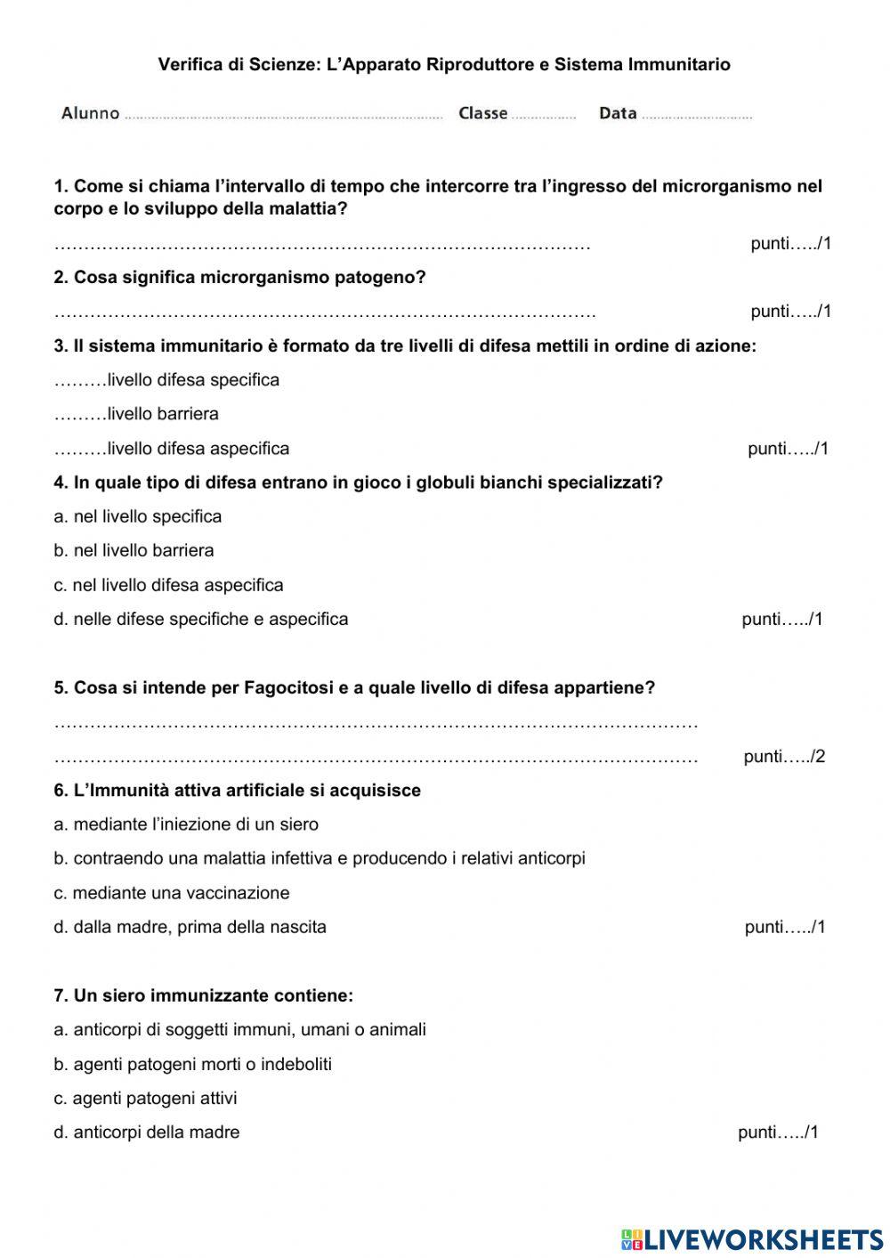 Verifica di Scienze - La Riproduzione e Il Sistema Immunitario online exercise for | Live Worksheets
