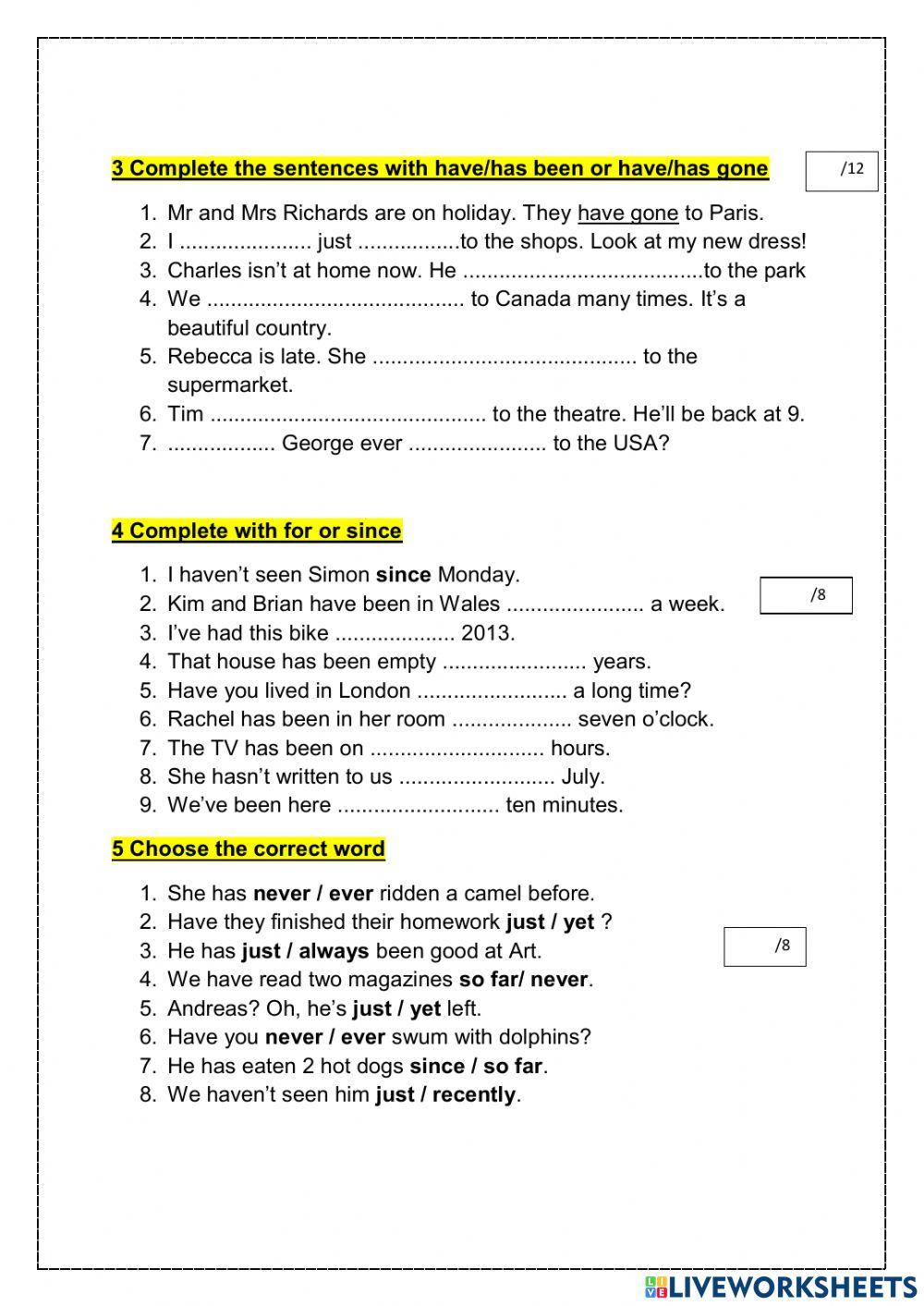 present perfect simple online exercise for | Live Worksheets