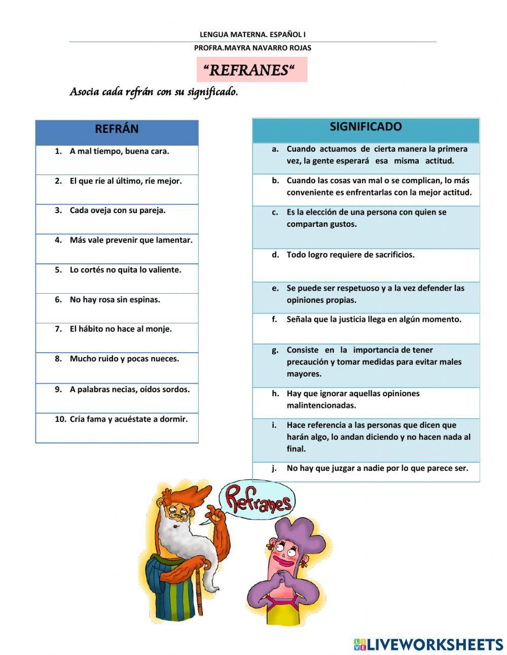 Refranes online pdf exercise for LENGUA MATERNA. ESPAÑOL I | Live Worksheets