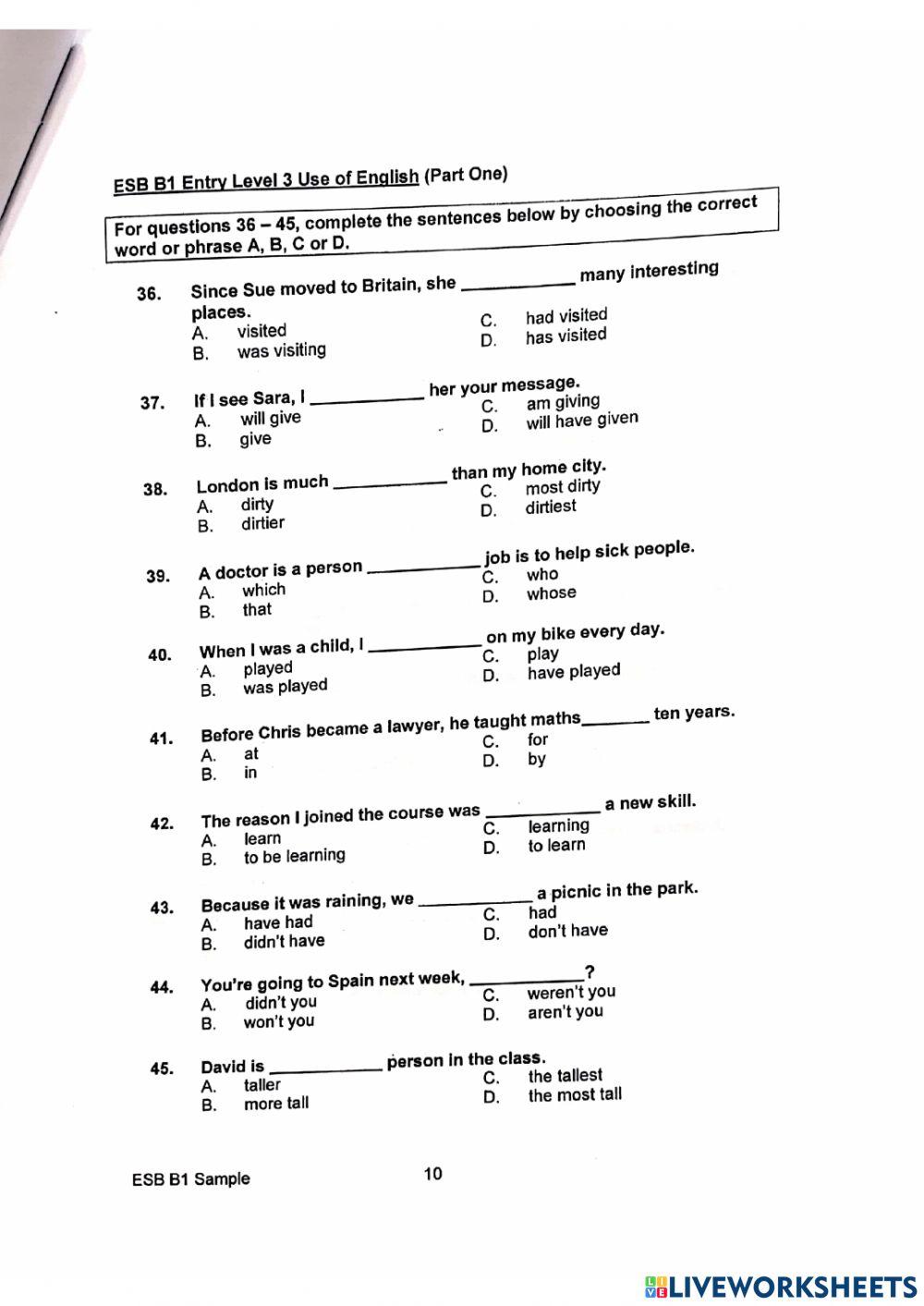 ESB B1 MOCK EXAM SAMPLE 1 USE OF ENGLISH PART 1 4734333