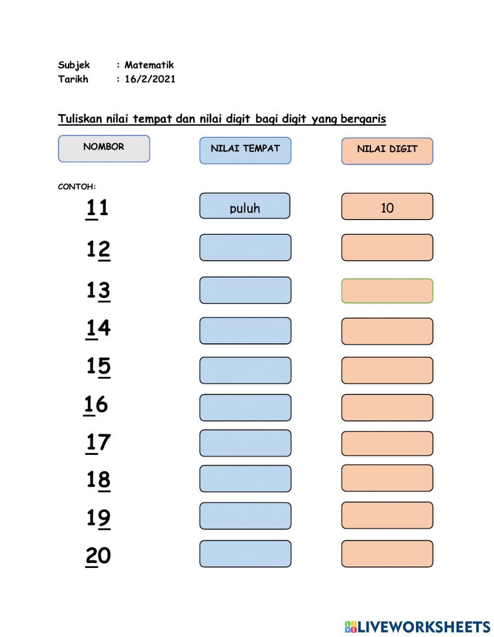 Nilai tempat dan nilai digit free worksheet | Live Worksheets