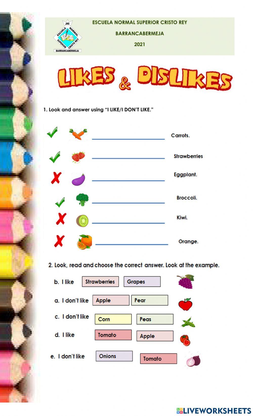 Likes and dislikes online exercise for Fourth grade | Live Worksheets