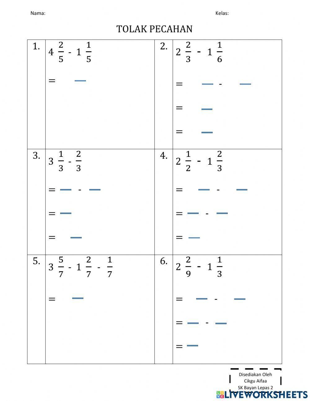 Tolak Pecahan 721758 | AIFAA | Live Worksheets