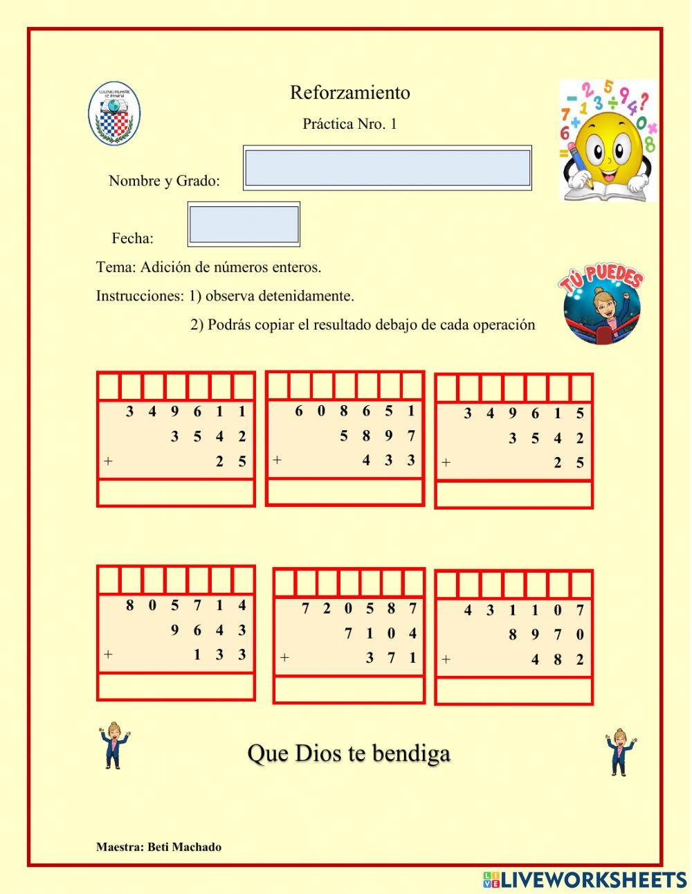 Suma de números enteros interactive exercise | Live Worksheets