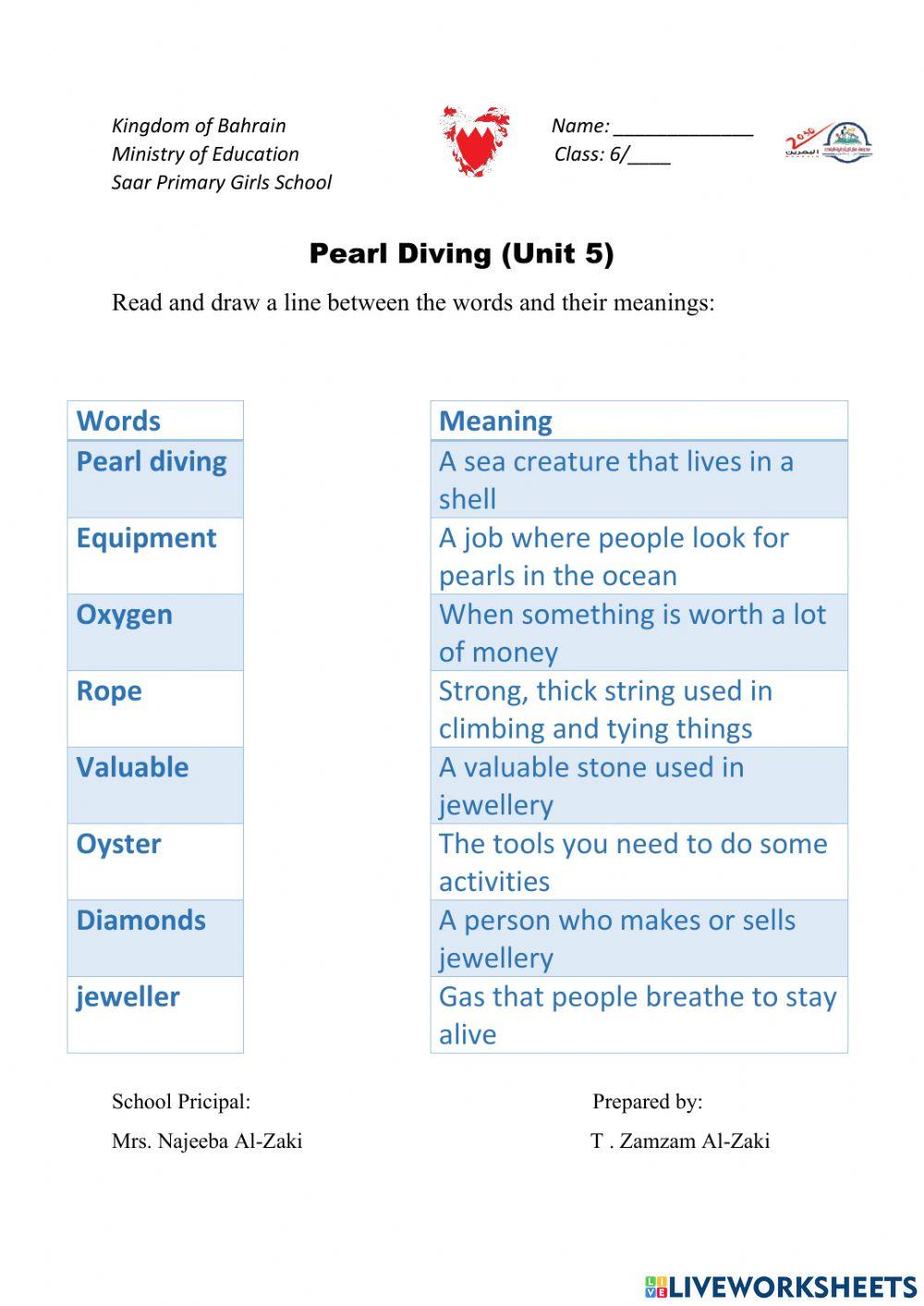 Pearl diving words online exercise for | Live Worksheets