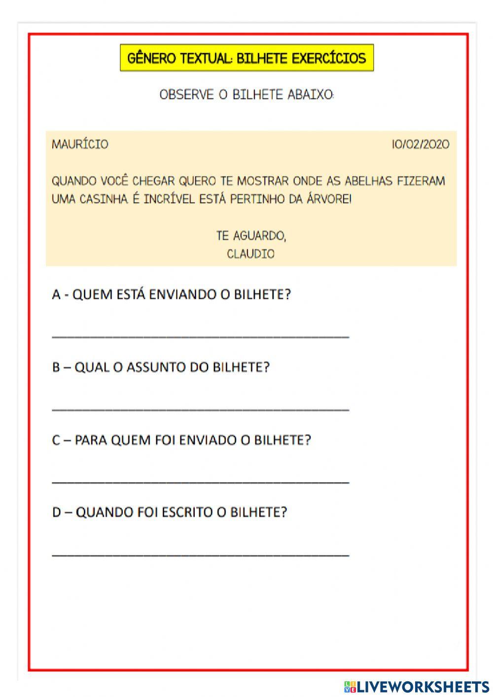 Gênero Bilhete worksheet | Live Worksheets