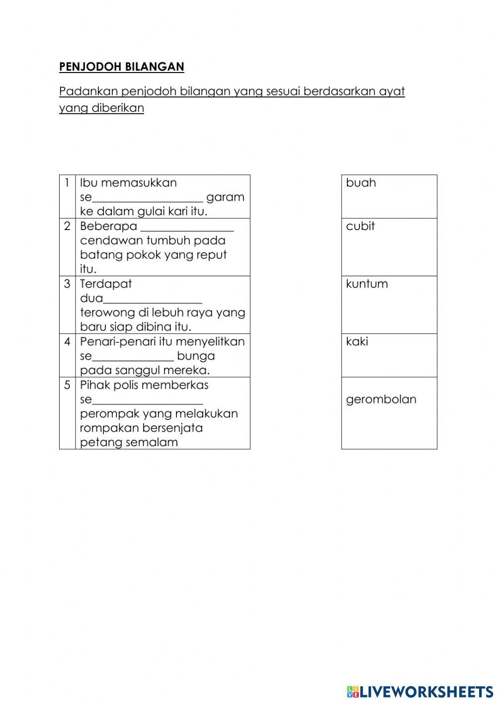 Penjodoh Bilang… | Free Interactive Worksheets | 723839
