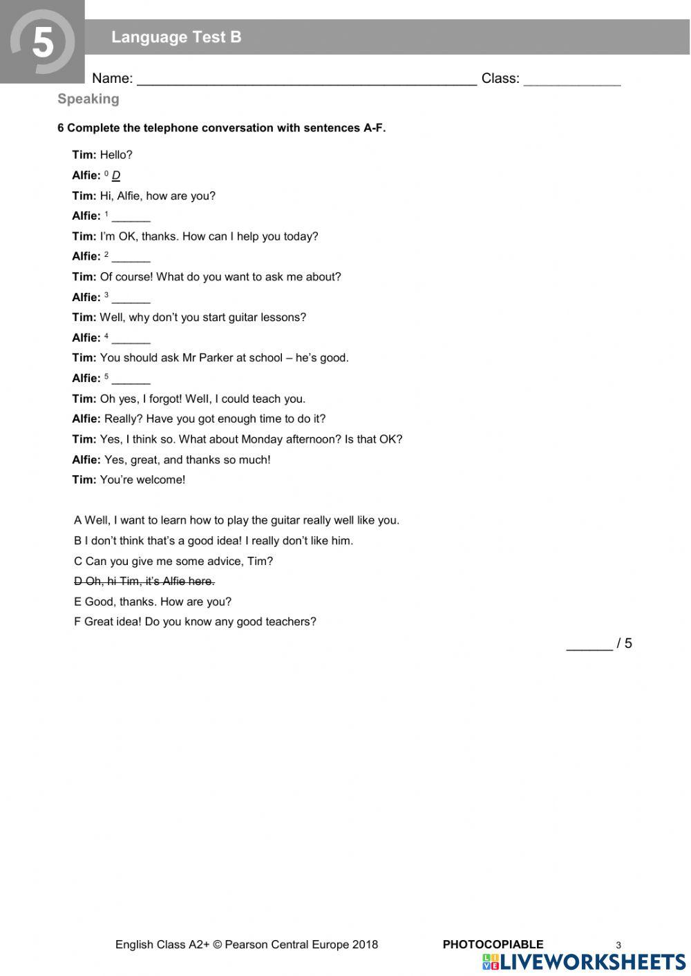 English Class A2+ unit 5 test 4740305