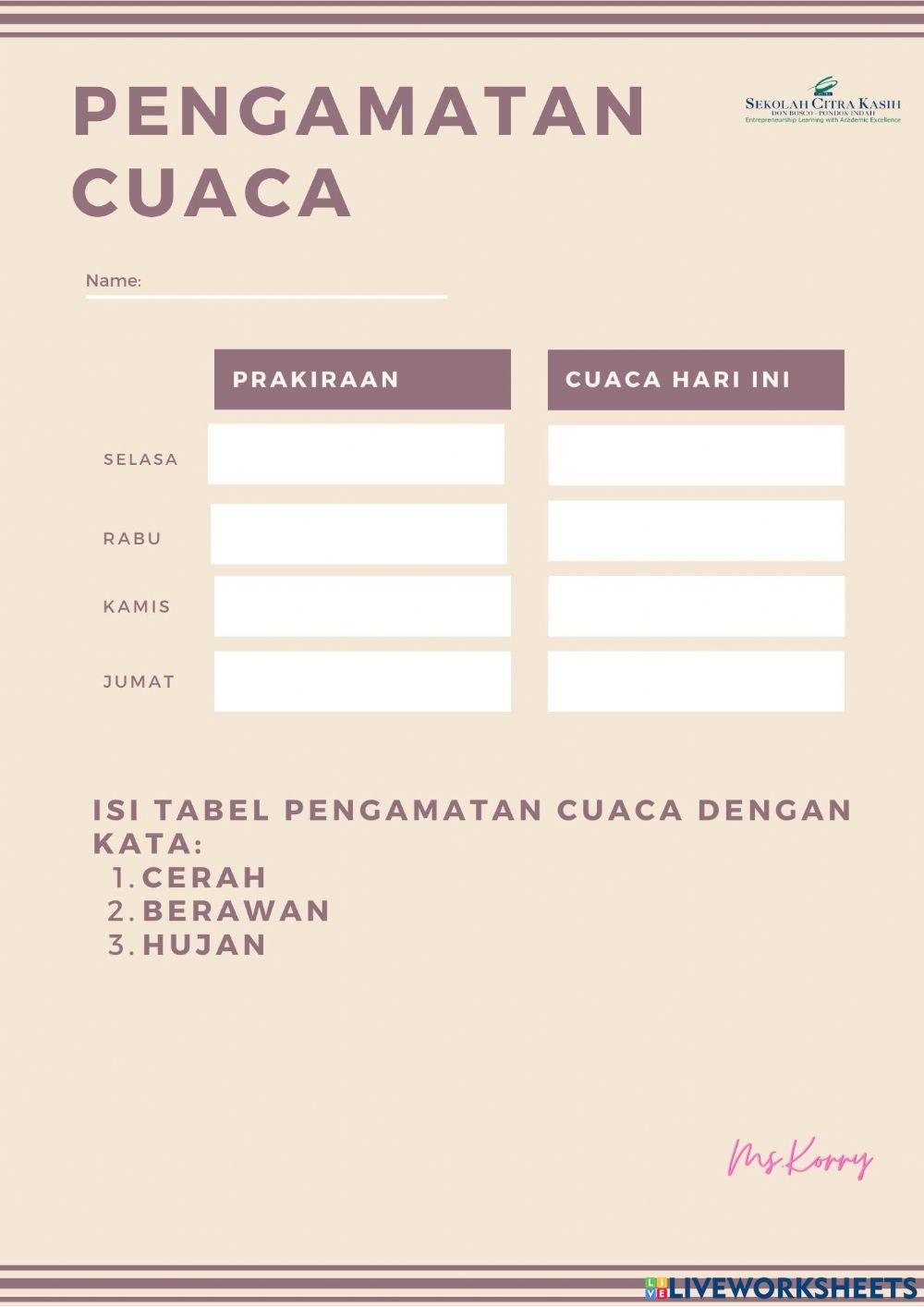 Pengamatan Cuaca worksheet | Live Worksheets
