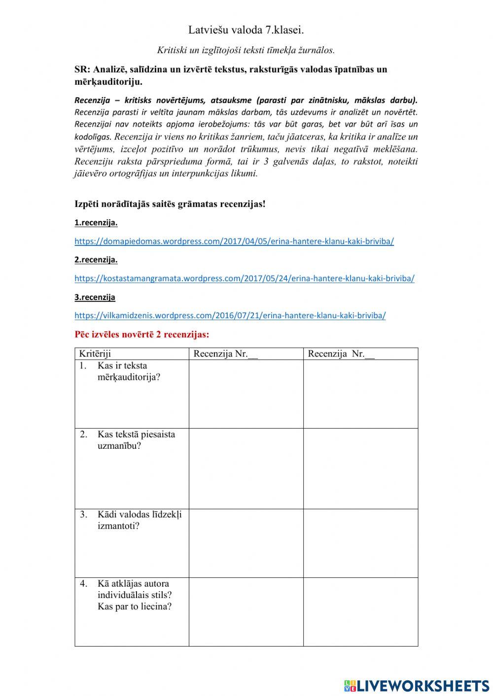 Recenzija 7.klasei . Latviešu valoda worksheet | Live Worksheets