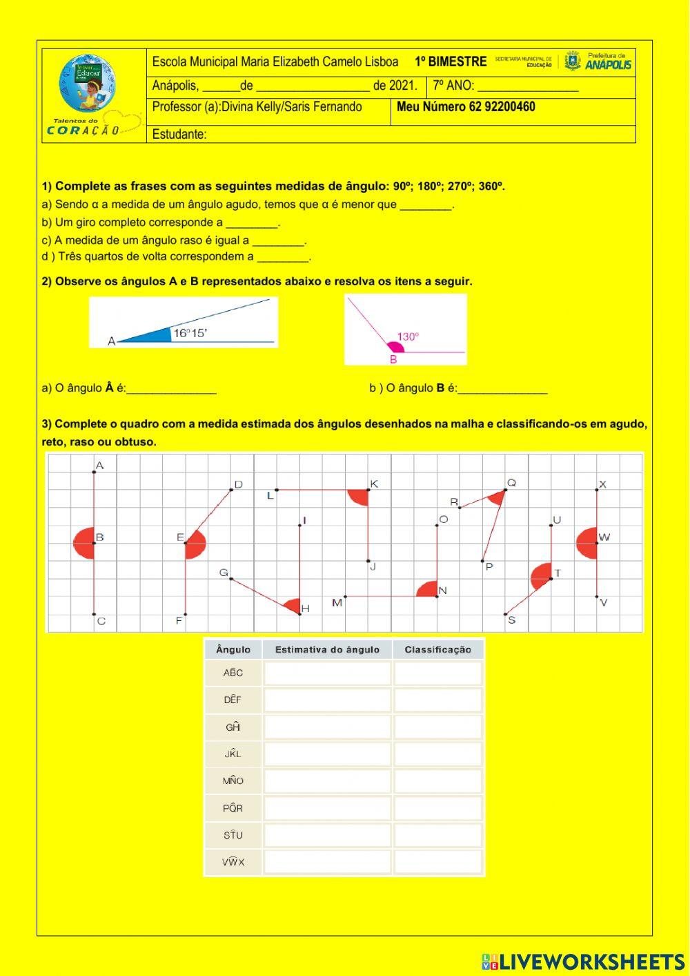 Classificação de ângulos worksheet | Live Worksheets