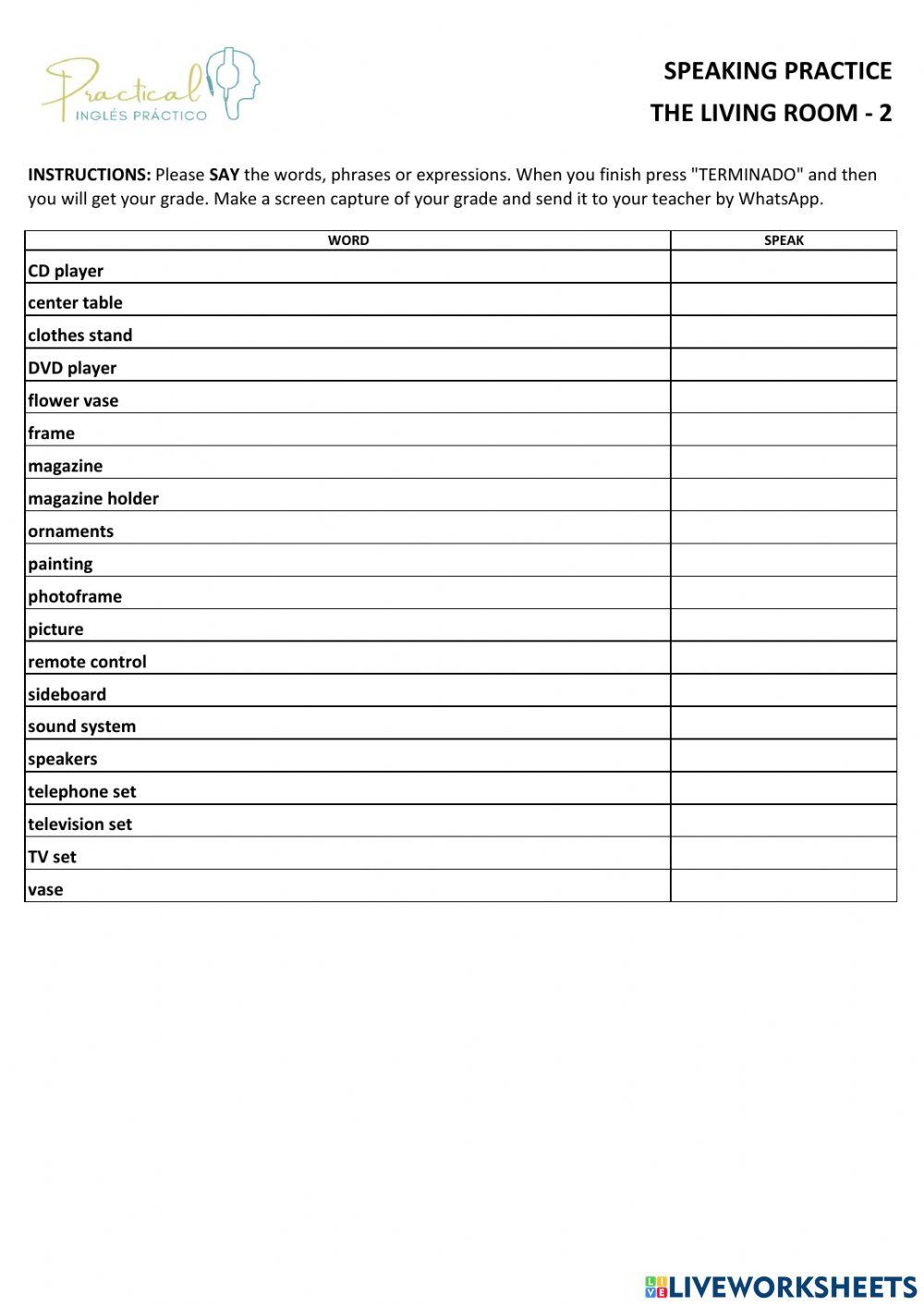 Speaking practice - the living room - 2 worksheet | Live Worksheets