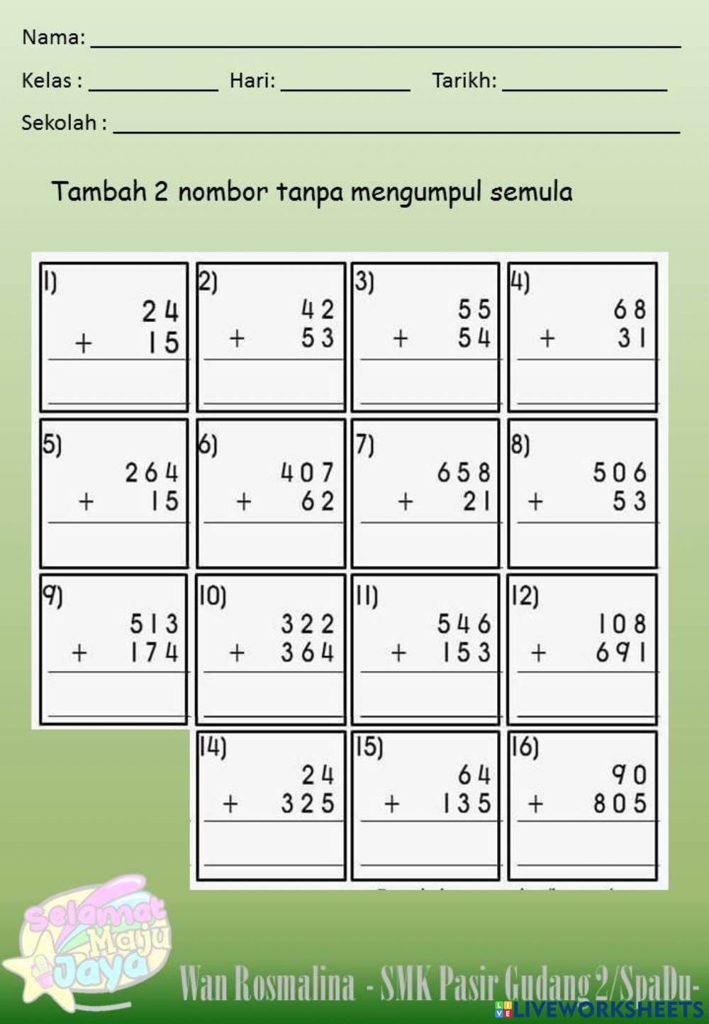 Operasi tambah online practice | Live Worksheets