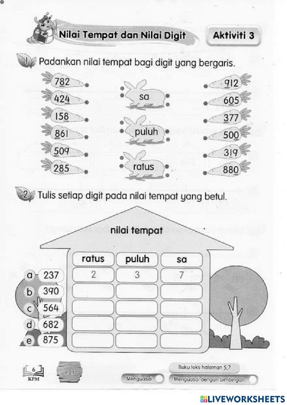 Nilai digit - Nilai Tempat Tahun 3 online exercise for | Live Worksheets