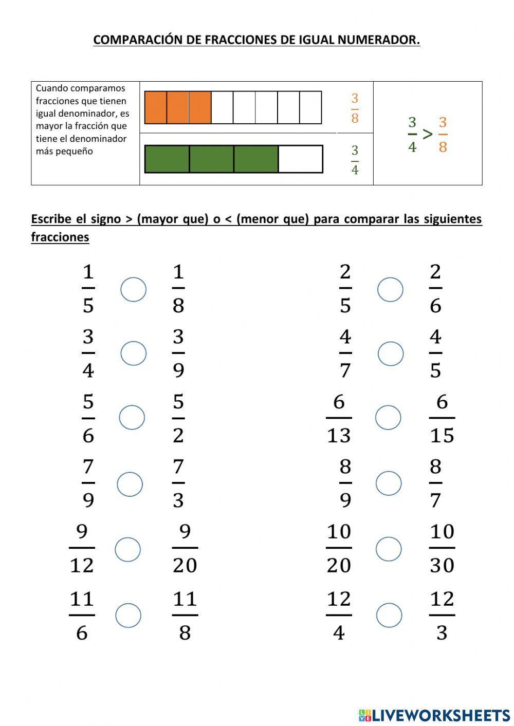 Hoja De Trabajo Para Comparar Y Ordenar Fracciones Comparar Fracciones