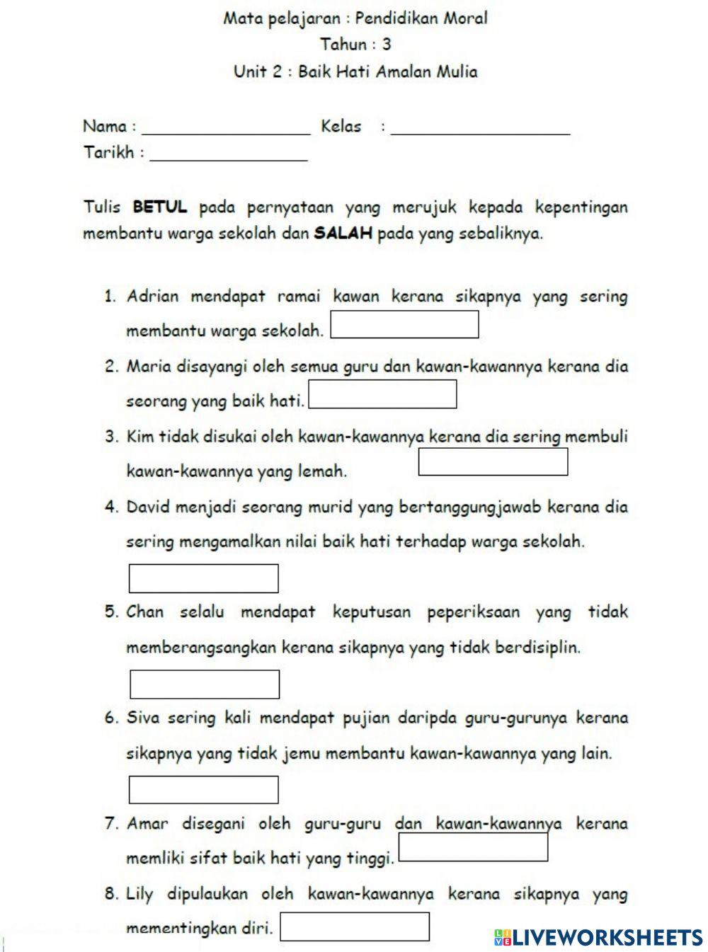 Baik Hati - Lembaran Kerja Tahun 3 Pendidikan Moral online exercise for ...