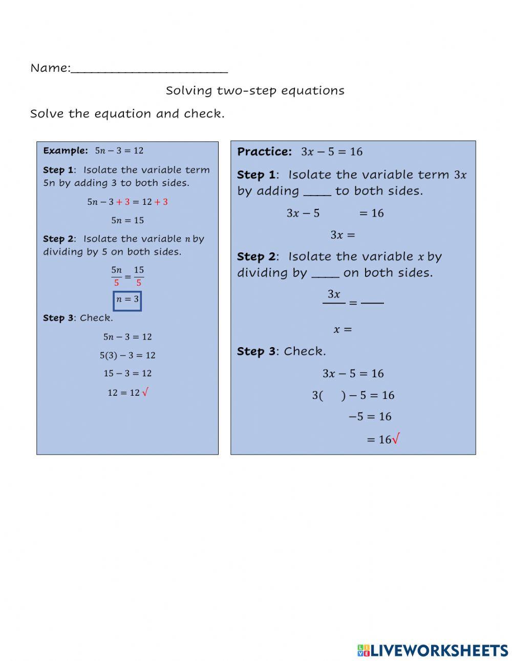 Solving Two Step Equations Activity | Live Worksheets