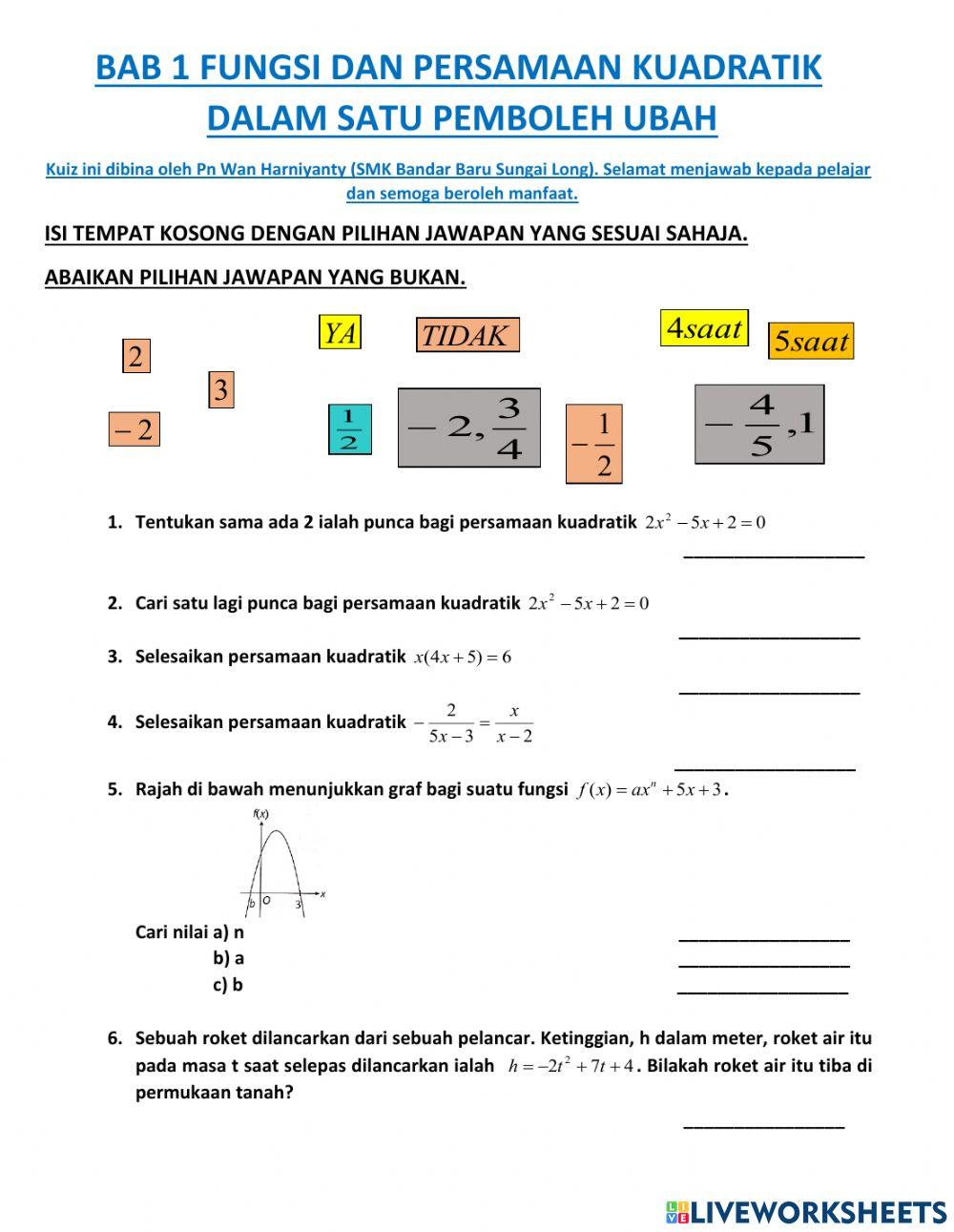 bab 1 matematik tingkatan 4(fungsi dan persamaan kuadratik) online ...