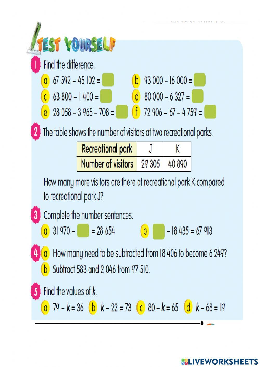 Subtraction year 4 interactive worksheet | Live Worksheets