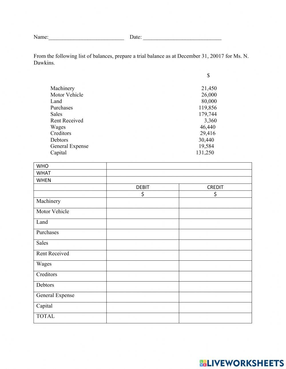 Trial Balance -1 online exercise for | Live Worksheets