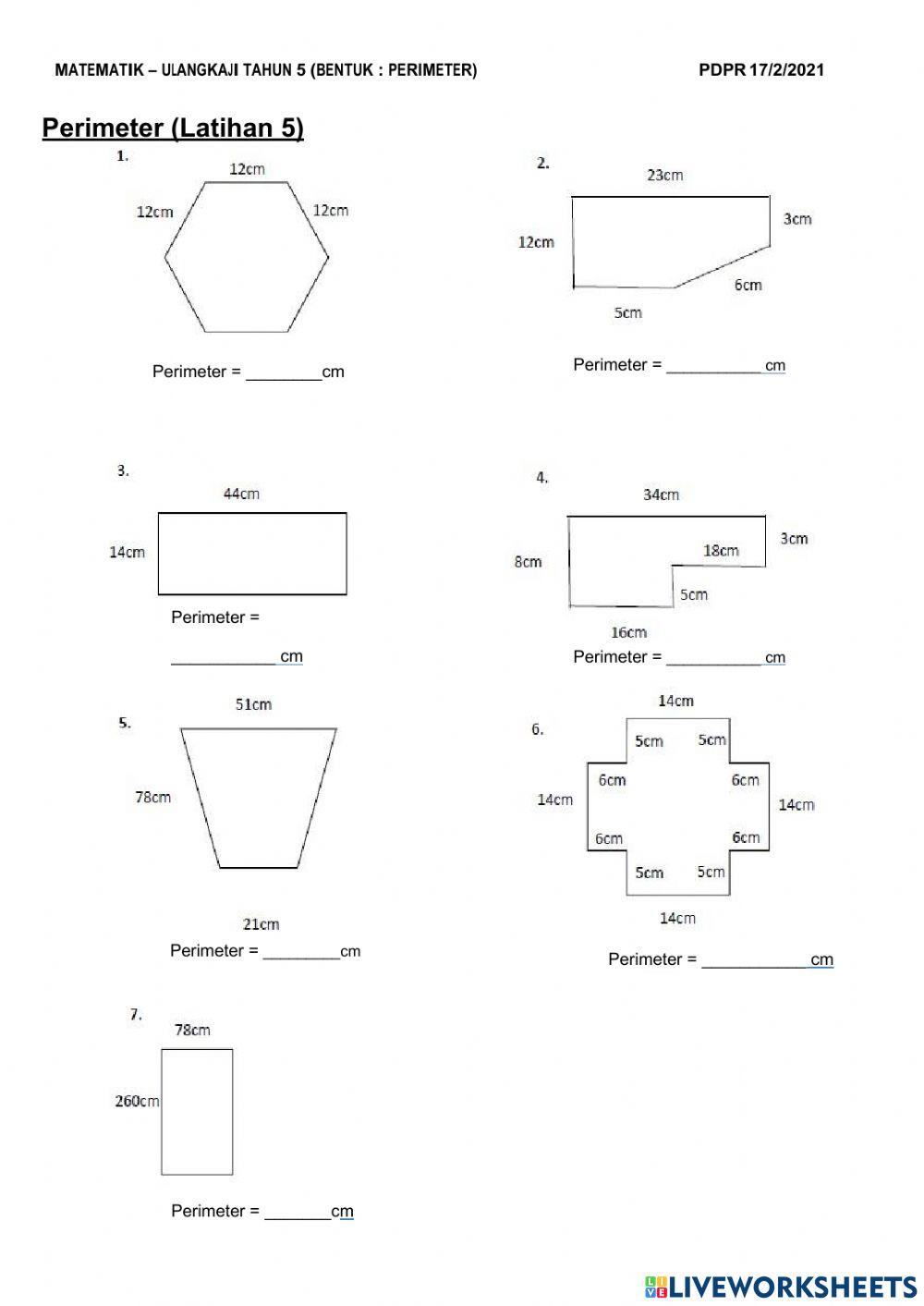 Perimeter free exercise | Live Worksheets